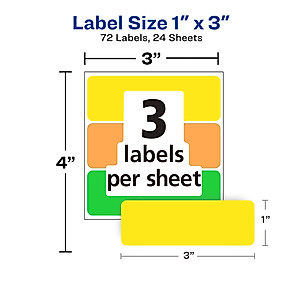 Avery Rectangular Color Coding Labels, 1 x 3 Inches, Assorted, Removable, Pack of 72 (06722)