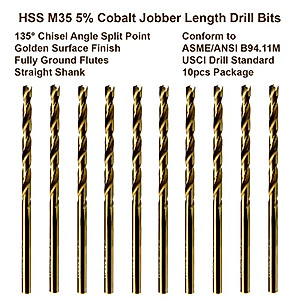 MAXTOOL 1/8" 10pcs Identical Jobber Length Drills HSS M35 Twist Drill Bits 5% Cobalt Fully Ground Golden Straight Shank Drills; JBF35G10R08P10