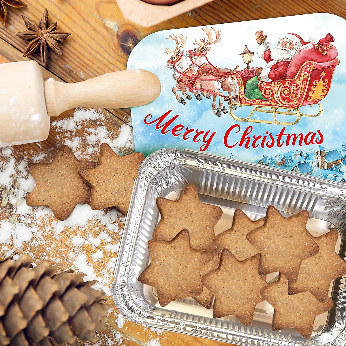 WorldBazaar Christmas Leftover Containers with Lids 36PCS Santa Christmas Aluminum Food Containers with Lids Disposable Watercolor Goodie Sacks Containers Winter Holiday Party Supply