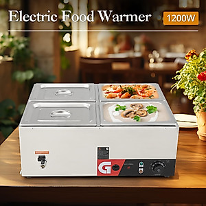 GarveeHome 4-Pan Commercial Food Warmer - 4 * 10.5QT Generous Capacity, 1200W Electric Steam Table, Stainless Steel, Efficient Heating, 86-185°F Temp Control for Catering and Restaurants