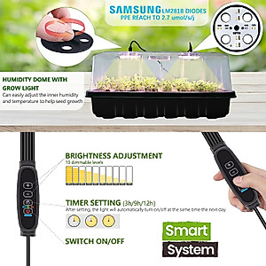 CANNABMALL 2 Packs Seed Starter Tray with Grow Light Samsung LM281B Diodes, Dimmable Seedling Starter Trays, 96 Cells Germination Trays Kit with Humidity Dome for Indoor Gardening Plant Black