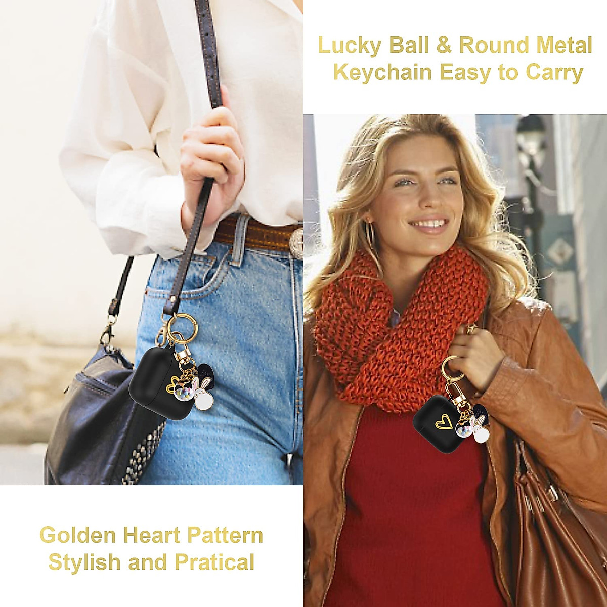 Aiiko Airpod Case with Gold Heart Cute Lucky Ball Keychain for Apple AirPods 2nd 1st Generation Charging Case Soft TPU Shockproof Cover Protective Air Pods Case for Girls Women-Black