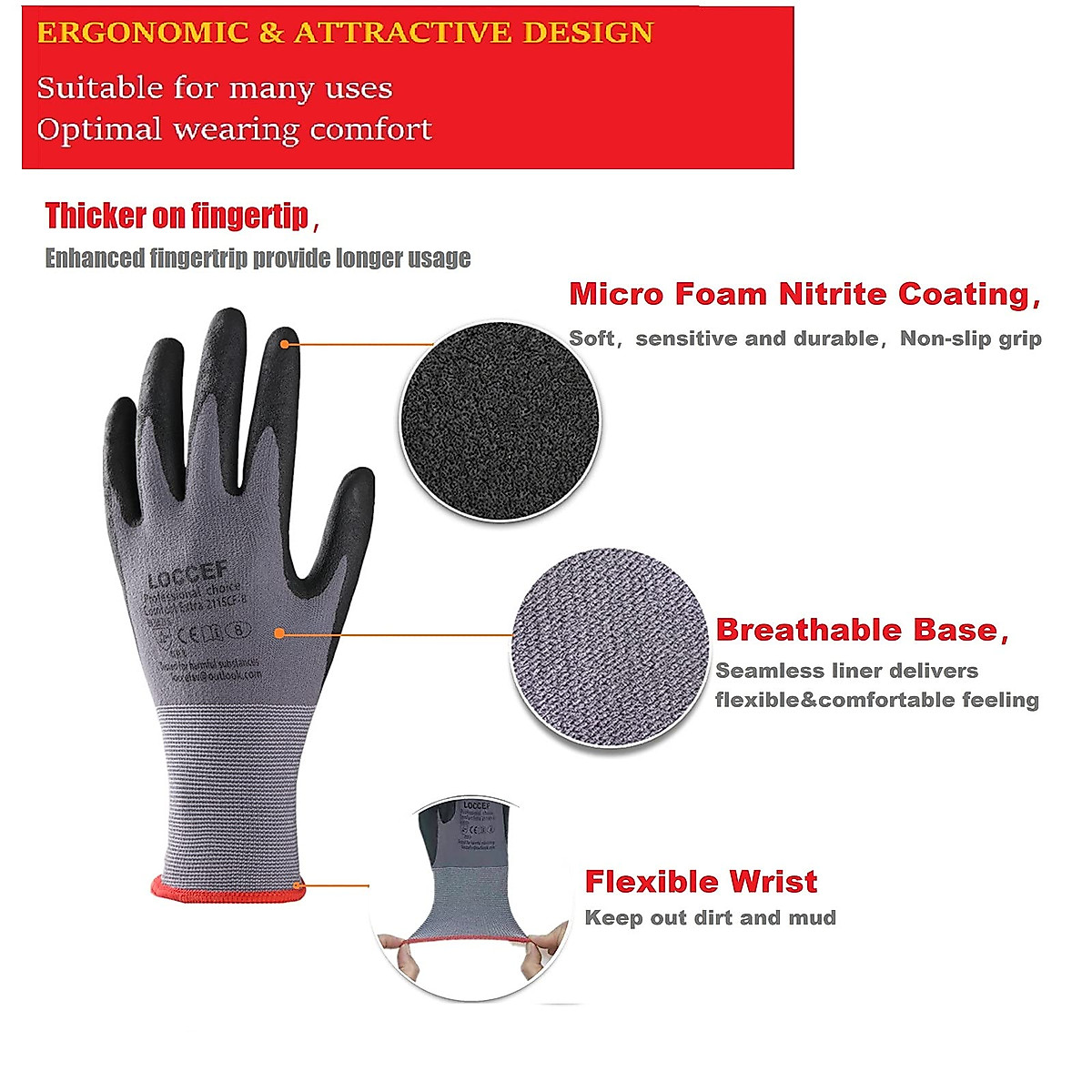 LOCCEF Safety Work Gloves MicroFoam Nitrile Coated-12 Pairs,Seamless Knit Nylon Gloves,Home Improvement,Micro-Foam Gloves (12 Pairs, 9/L)