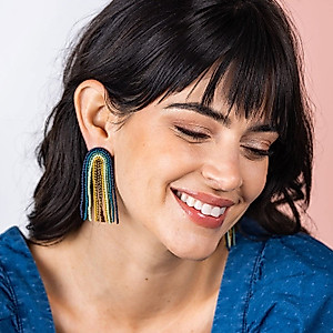 INK + ALLOY Women's Skylar 2.25-Inch Rainbow Fringe Beaded Boho Earrings Handmade Jewelry for the Modern Bohemian (Teal Navy)