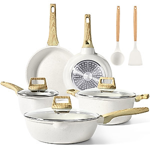 GiPP Pots and Pans Set Non Stick - 10 Pcs White Granite Kitchen Cookware Sets Nonstick Induction Cookware Cooking Pan Set with Frying Pans, Saucepans and Silicone Utensils, PFOS & PFOA Free