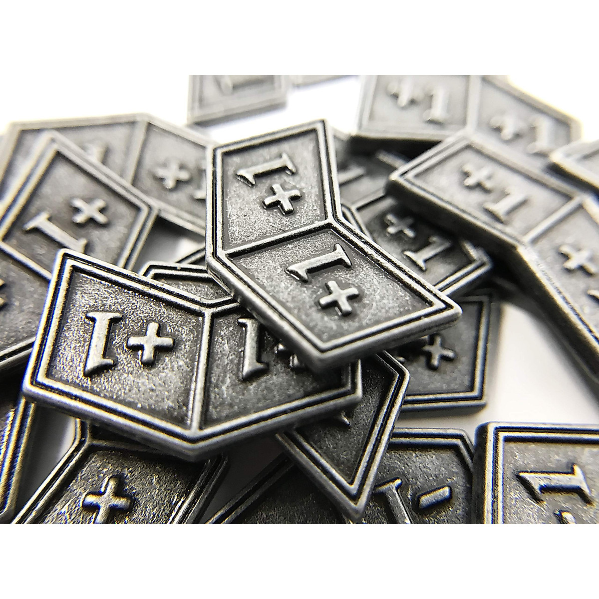 Citadel Black MTG Buff Counters +1/+1 and -1/-1 Set of 20 Metal Tokens - with Velvet Drawstring Pouch, Antique Silver Finish Metal Tokens, Magic: The Gathering, Gray