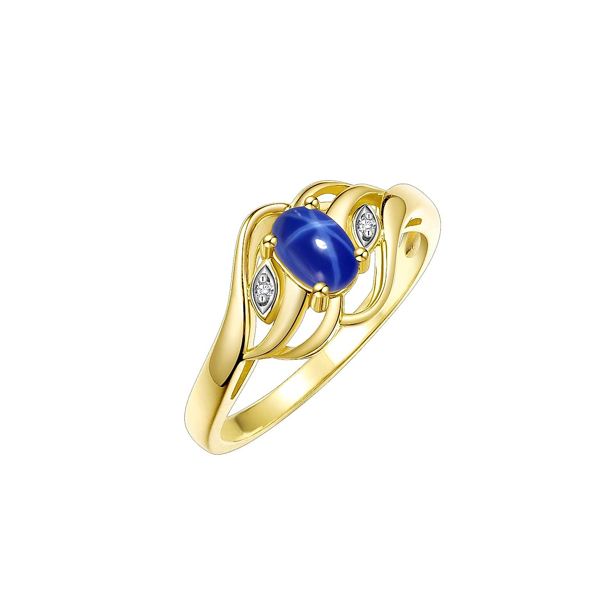 Rylos Rings for Women 14K Gold Plated Silver Ring Classic Style Birthstone Ring 6X4MM Gemstone & Diamonds Blue Star Sapphire Jewelry for Women Size 5