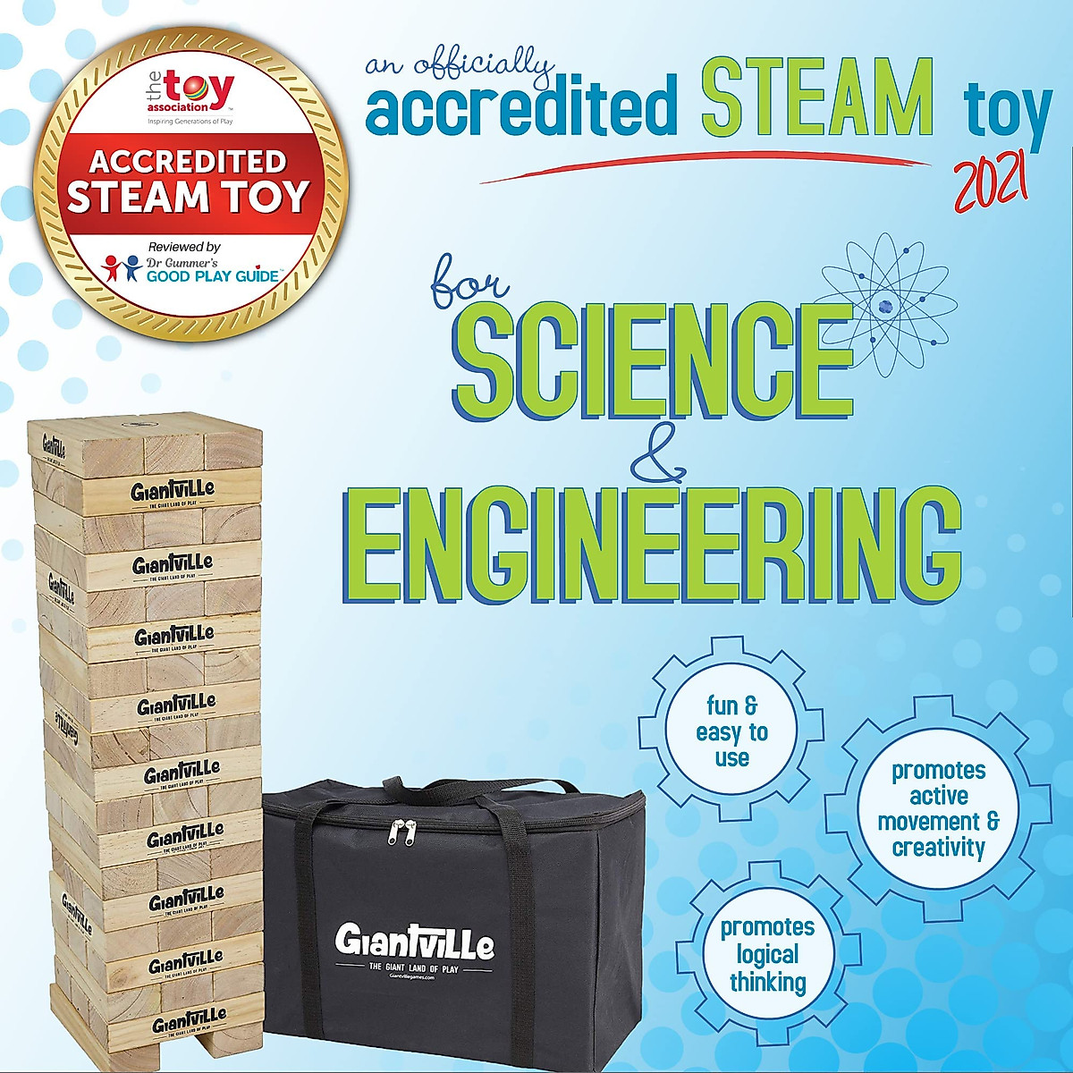 Giantville Giant Tumbling Timber Toy - Premium Pine Wood Life-Size Blocks Tower - Big Floor/Board Indoor/Outdoor Yard Game for Kids & Adults - 56-Pieces + Storage/Carry Bag - Grows to Over 5-Feet