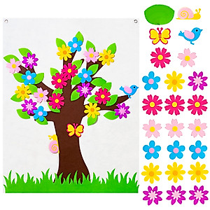 WATINC 49Pcs DIY Spring Tree Felt Board Craft Kit, Flower Leaf Butterfly Snail Bird Detachable Ornaments Spring Party Decoration for Kids, Activity Creative Game Wall Hanging Decor for Home Classroom