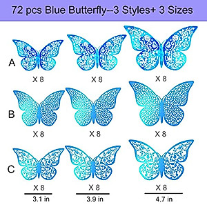 JANESOTO 72 Pcs 3D Butterfly Wall Decor, Blue Butterfly Wall Decals 3 Sizes 3 Styles, Metallic Wall Stickers for Girls Bedroom Nursery Classroom Cake Wedding Party Decoration DIY Gift