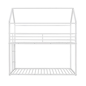 Harper & Bright Designs Twin Over Twin House Bunk Bed, Metal Floor Bunk Bed Frame for Kids, Built-in Ladder, No Box Spring Needed - White