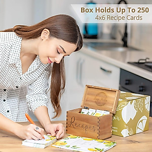 Recipe Box With Cards And Dividers - 50 4x6 Lemon Recipe Cards, Covers & Personalized DIY Book - Large 5x7 Acacia Wooden Recipe Card Holder Set - Engraved Farmhouse Wood Boxes & Organizer for Recipes