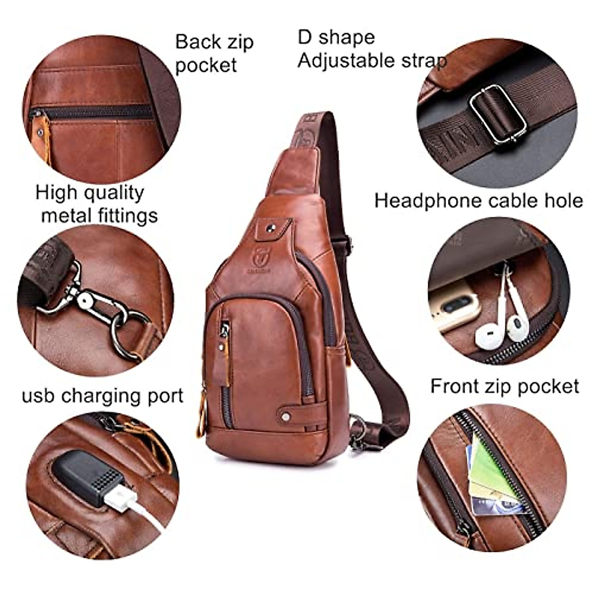 BULLCAPTAIN Leather Men Sling Bags Travel Crossbody Chest Bag Hiking Daypack with USB Charging Port Multi-Pocket