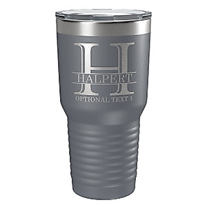 Personalized 30oz (17 Colors) Powder Coated Insulated Stainless Steel Tumbler with Lid, Custom Etched, Customized Engraved Gift Idea for Women Men Her Him, Halpert Monogram Initial Name (Gray)