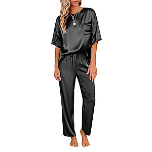 Ekouaer Womens Silk Satin Pajamas Set Two Piece Pj Sets Sleepwear Loungewear Short Sleeve Pj Sets Black
