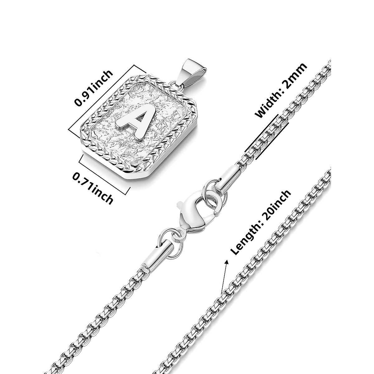 Airrty Initial Letter Pendant Necklace for Men Women Sterling Silver Plated Box Chain Necklace 20 Inches Initial Necklaces for Men (A)