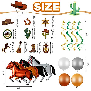 60PCS Cowboy Birthday Party Decoration Include 40 Inch Horse Shaped Foil Balloons Little Cowboy Happy Birthday Banner Cake Topper Hanging Swirls 12 Inch Latex Balloons for Western Party (Retro Style)