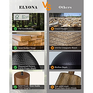 ELYONA Industrial Pendant Light, Hammered Hanging Lamp with Solid Wood & Metal Shade, Modern Pendant Light Fixtures for Kitchen Island, Bar, Farmhouse Dining Room, Bedroom, Living Room - Black