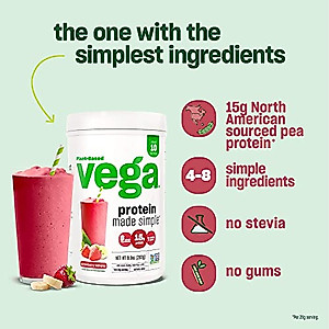 Vega Protein Made Simple Protein Powder, Vanilla - Stevia Free, Vegan, Plant Based, Healthy, Gluten Free, Pea Protein for Women and Men, 9.2 oz (Packaging May Vary)