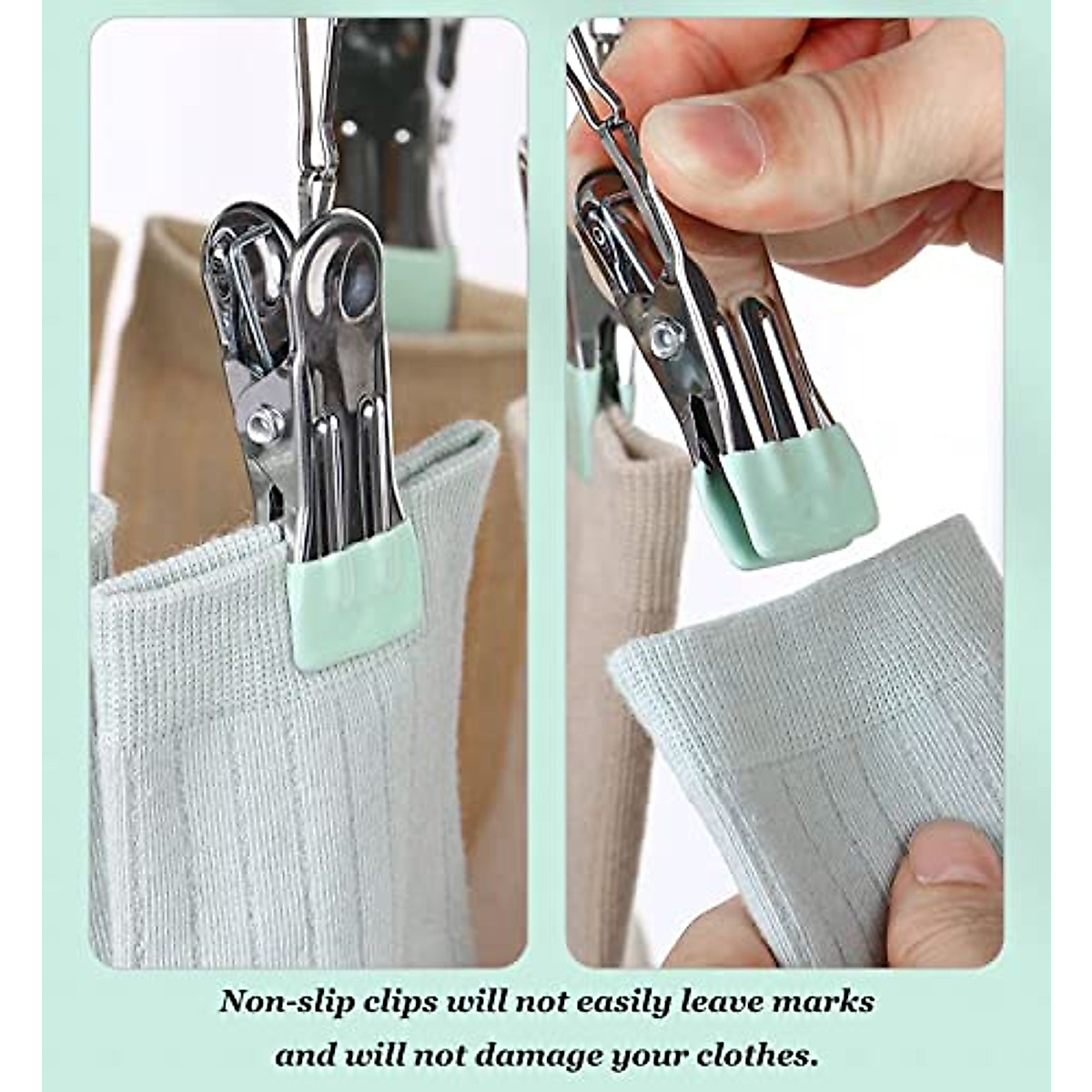 Decohomeforu Stainless Steel Clothes Sock Drying Rack with 24 Clips, Swivel Hook Windproof Clothes Hanger Rack for Sock, Bras, Towel, Underwear, Hat, Scarf, Gloves, Pants Laundry Clothes (Green Clips)