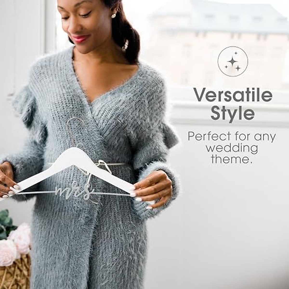 Pearhead Mrs. Wedding Dress Hanger for Bride to Be - Elegant Bridal Hanger, Ideal Keepsake for Wedding Day Photos and Gift for Bride, Wooden Hanger with Cursive Wire Lettering, White and Silver