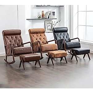 Kurhwyss Nursery Rocking Chair with Ottoman, Upholstered Rocker Chair with Arm Pocket, Modern Accent Glider Chair with Comfy High Back for Living Room Bedroom (Brown)