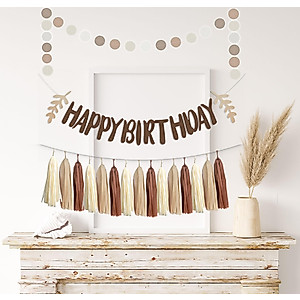Brown Tan Boho Happy Bithday Sign Banner Gender Neutral Beige Party Tassel Garland Nude Circle Dot Hanging Paper Streamers Backdrop Teddy Bear 1st 2nd Birthday Party Nursery Décor