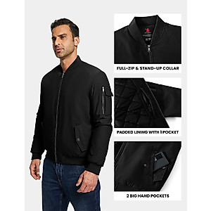 TBMPOY Men's Bomber Jacket Lightweight Winter Windbreaker Zip Up Padded Softshell Windproof Water-Resistant Casual Fall Coat Black XS