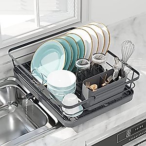 Sakugi Dish Drying Rack - Compact Dish Rack for Kitchen Counter with a Cutlery Holder, Durable Stainless Steel Kitchen Dish Rack for Various Tableware, Dish Drying Rack with Easy Installation, Grey