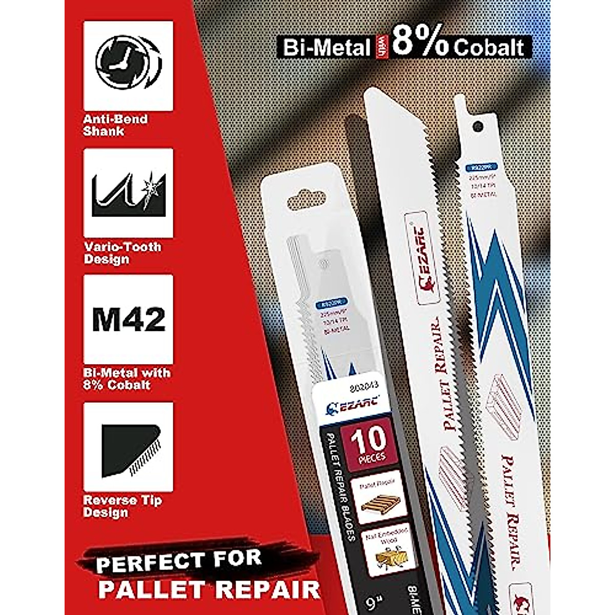 EZARC Reciprocating Saw Blade Special for Pallet Repair, 9-Inch Bi-Metal Sawzall Blades Set 10+14TPI for Nail Embedded Wood (10-Pack)