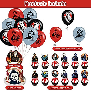 Horror Movie Have A Killer Party Decorations,Birthday Party Supplies For Thriller Killer Role Michael Myers Party Supplies Includes Banner - Cake Topper - 12 Cupcake Toppers - 18 Balloons -50 Horror Movie Stickers