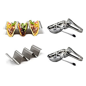 2 Packs, Taco Holders Set, Stainless Steel Taco Racks With Handles, Hold up to 3 taco, Oven Grill Dishwasher Safe, 2 Spoons, 2 Sauce cups, 2 Food tongs