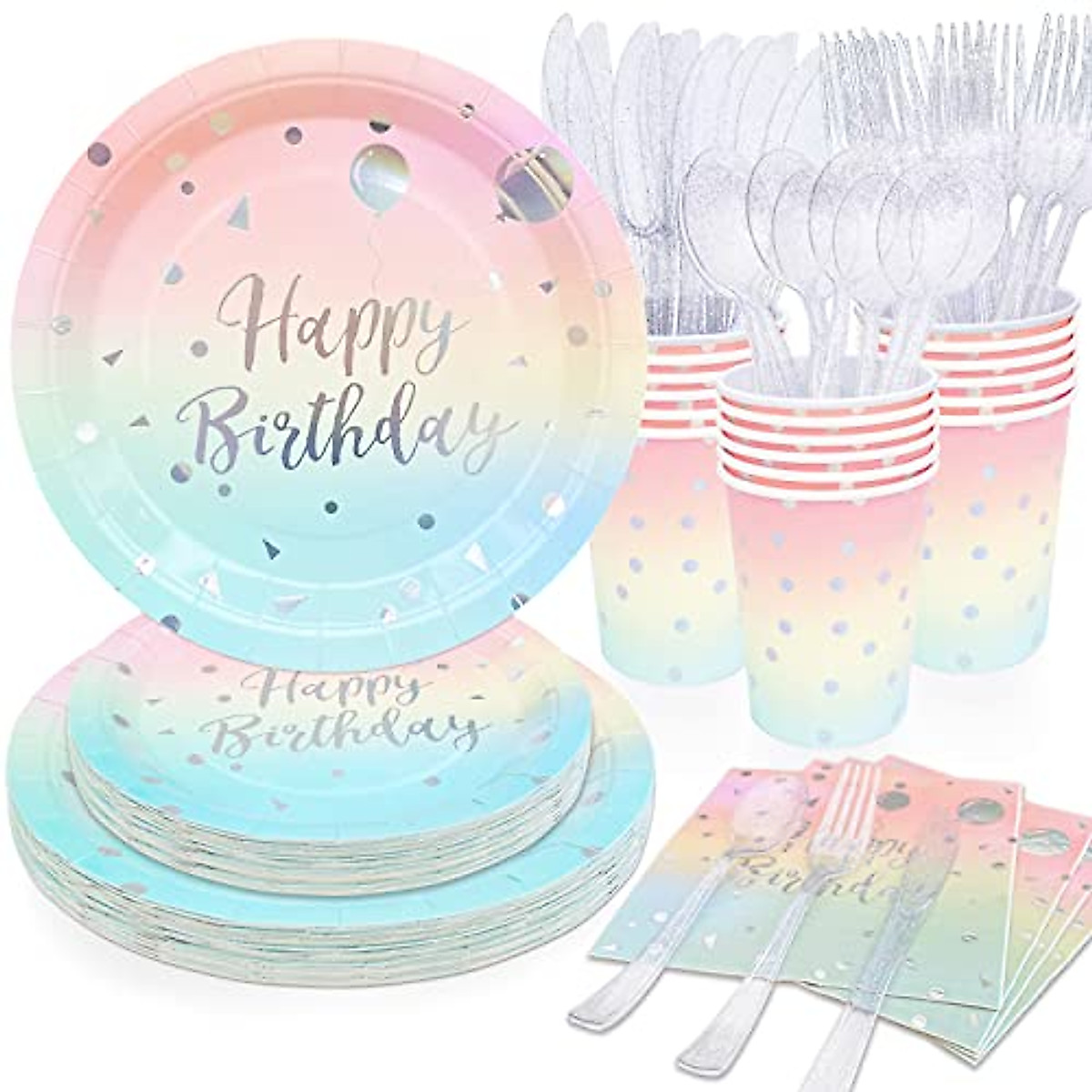 Pastel Party Decorations - Plates, Cups, Napkins & Sturdy Silverware for Rainbow Baby Shower, Birthday or Girl Pajama Party - Serves 16