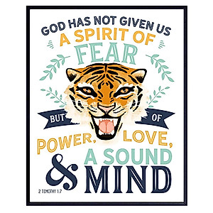 Motivational Inspirational Quote Religious Bible Verse Wall Art - Christian Scripture Tiger Wall Decor for Home, Sunday School, Kids, Boys Bedroom, Living Room, Church - Jungle Animal Catholic Gifts
