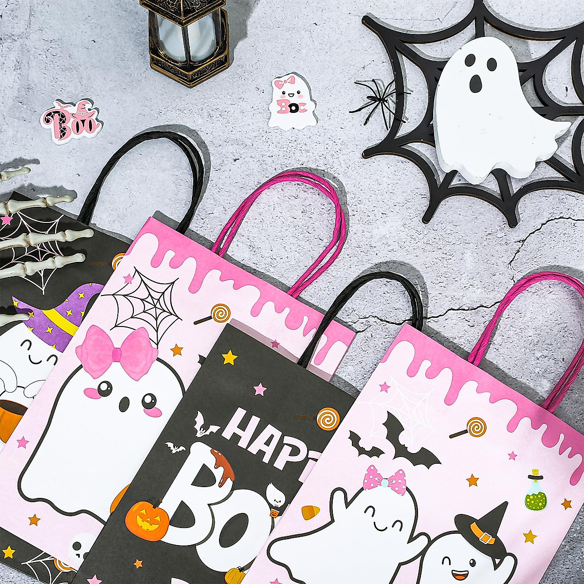 AnyDesign 24Pcs Halloween Paper Gift Bags with Handles 4 Design Halloween Boo Theme Bags Ghost Pumpkin Black Pink Candy Bags Goodie Present Bags for Gift Wrapping Halloween Birthday Party Favor