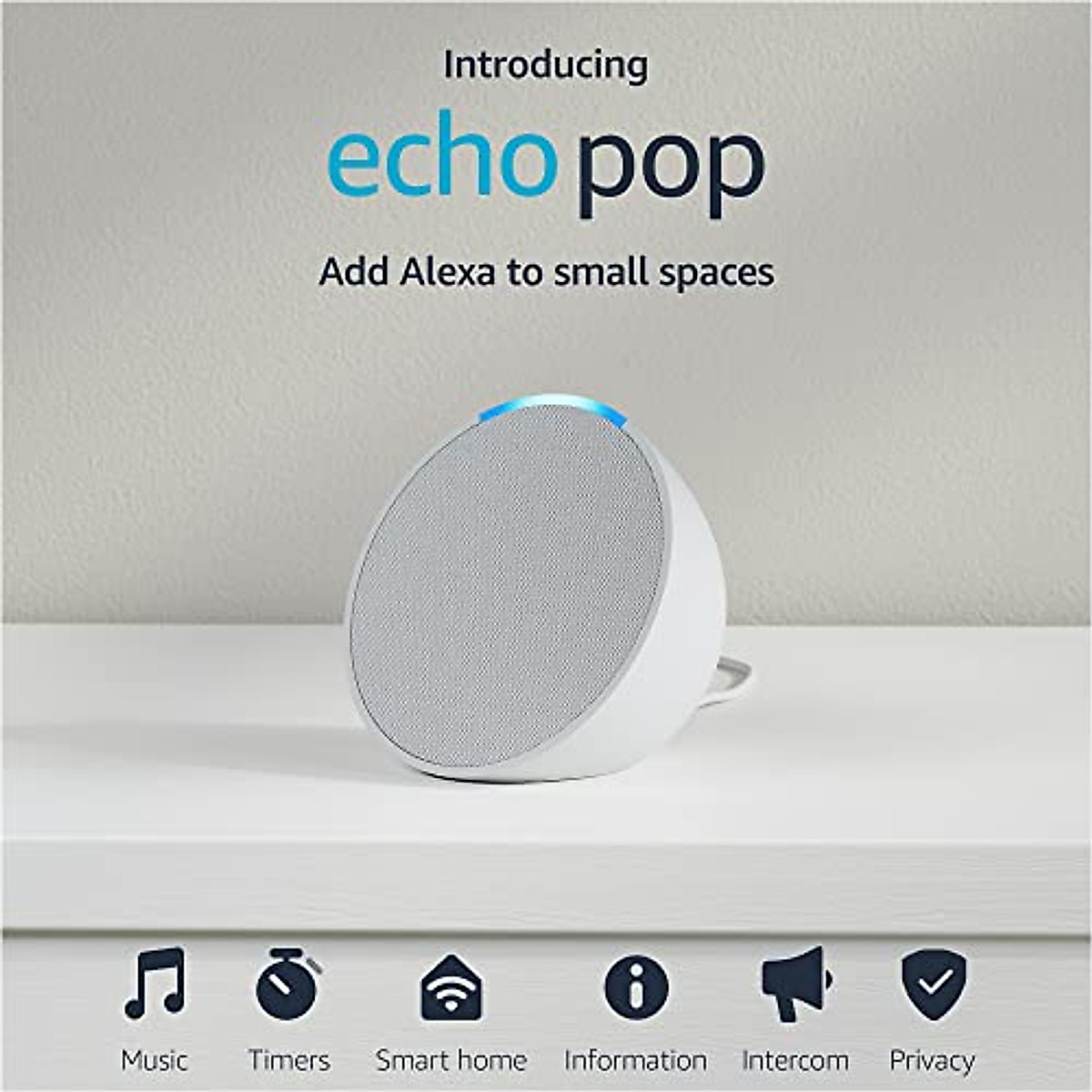Amazon Echo Pop (newest model), Our smallest Alexa speaker, Fits in any room, Glacier White