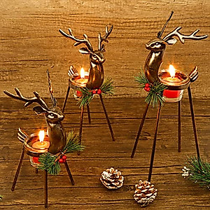 Juegoal Set of 3 Reindeer Tealight Candle Holders, Standing Iron Metal Christmas Decorations, Glass Votive Candle Holder, Durable and Rust-Proof Holiday Tabletop Centerpiece and Display