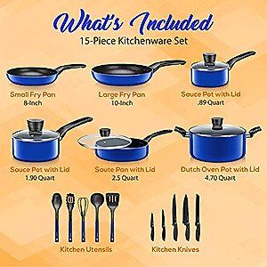SereneLife Kitchenware Pots & Pans Basic Kitchen Cookware, Black Non-Stick Coating Inside, Heat Resistant Lacquer (20-Piece Set), One Size, Blue