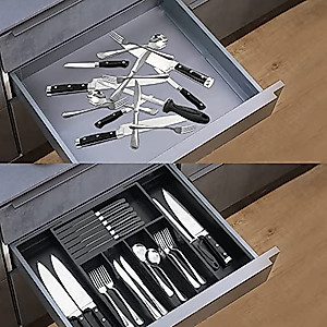 VaeFae Bamboo Silverware Drawer Organizer Kitchen, Expandable Utensil Holder and Cutlery Tray with Divider | 13"-21.6" Flatware Storage and Removable Knife Block (Black)