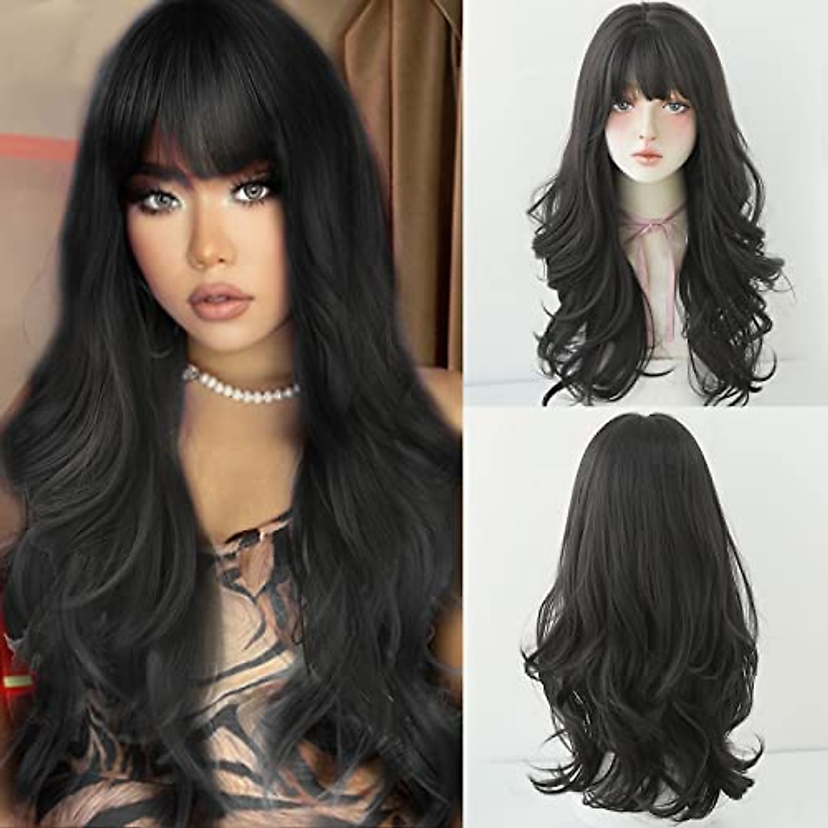 Long Black Body Wave Wigs with Bangs - 24 inch Glueless Synthetic Bodywave Wig, Heat Resistant Light Layered Wig for Girls Daily Party Cosplay