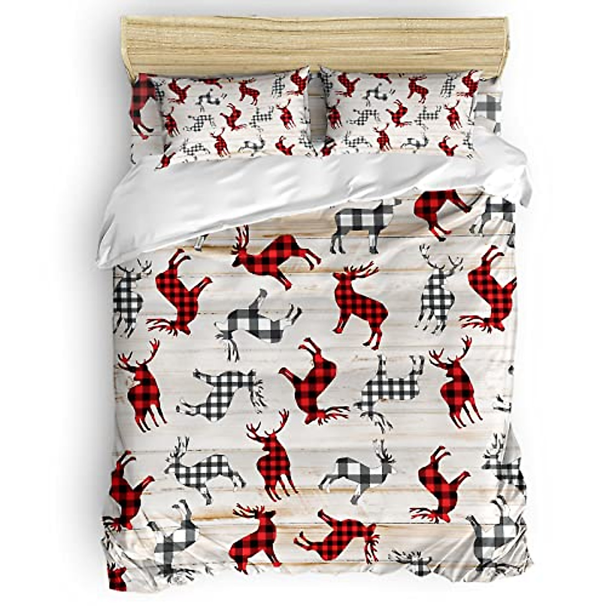 TocaHome Duvet Cover Full Size, 4 Pieces Comforter Cover Set, Christmas Red and Black Lattice Elk on Wood Grain Soft Bedding Sets - 1 Full Duvet Cover, 1 Bed Sheet and 2 Pillowcases
