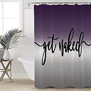 Purple and Grey Get naked Bathroom Shower Curtain Sets with Rugs, Funny Bathroom Decor Sets with Non-Slip Rugs and Toilet Lid Cover, Bath Mats, 36x72in Waterproof Shower Curtains with 12 Hooks