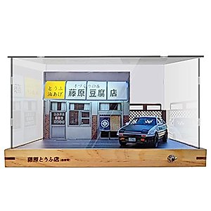 Lonyiabbi 1/32 Scale LED Fujiwara Toufu Store Scene Model Car Acrylic Display Case with AE86 Diecast Car Model JDM Car Model Display Box