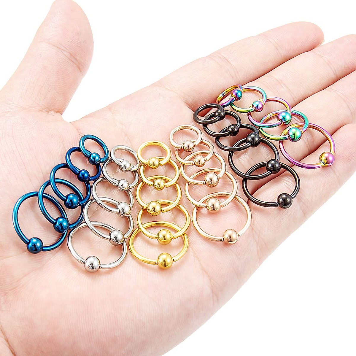 Dyknasz 30Pcs Stainless Steel Earrings Hoop Rings for Women Men Nose Lip Tragus Helix Ear Septum Nipple Belly Captive Bead Rings Body Piercing Jewelry 14G Silver-Tone Rose Gold Black 8mm 10mm 12mm