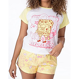 SpongeBob SquarePants Womens Pajama Set | Ladies Raglan T-Shirt & Yellow Elasticated Shorts | Daydreamer Coral & Jellyfish