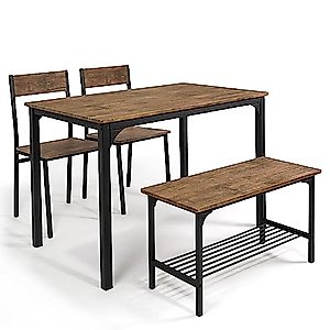 Fencer Wire 4 Pieces Dining Table Set for 4 w/Bench & Chairs, Rectangle Table, Bench & Two Chairs, Space-Saving Dining Set, Modern Table Set for Dining Room, Home, Kitchen w/Storage Rack, Teak Oak