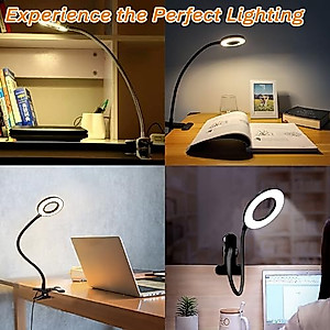 Lypumso Desk Lamp with Adapter, LED Reading Lamp Clip on Light, 3 Color Modes 10 Dimmable Brightness, Perfect Clamp Lamp for Home Office Studying Working Makeup Craft