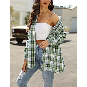 HangNiFang Flannel Plaid Shirts for Women Oversized Button Down Shirts Blouse(0768-LightGreen-L)
