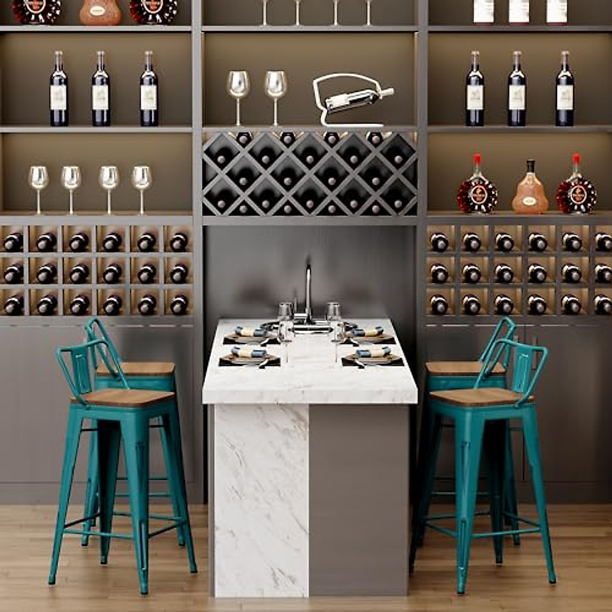 Alunaune 26" Metal Bar Stools Set of 4 Industrial Counter Height Barstools Kitchen Counter Stool Modern Wood Seat-Distressed Teal