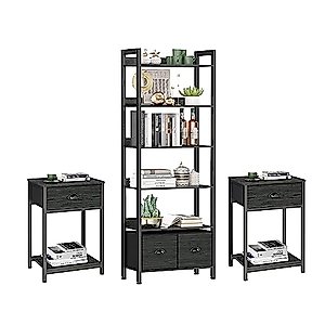 Furologee 6-Tier Bookshelf and Nightstands Set of 2, ndustrial End Table with Fabric Drawer&Storage Shelf, Small Bedside Table Organizer for Small Space, Side Table for Living Room